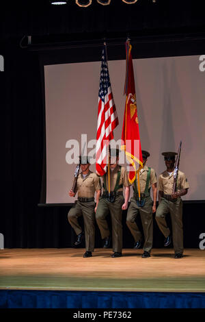 The 5TH Marine Expeditionary Brigade (MEB) color guard holds the unit's ...