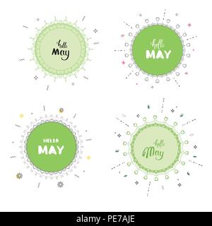 Set of Hello May round vintage banners. Handwritten lettering. Vector ...