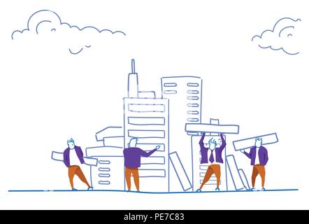 people group construction house skyscraper workers team building ...