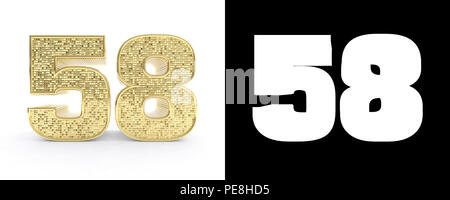 Golden number fifty eight on white background with drop shadow and ...