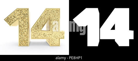 3d illustration of golden number 14 or fourteen isolated on beige ...