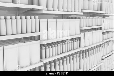 An unsaturated view of a few sections of a supermarket shelf packed ...