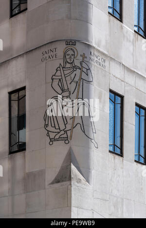 Frank Dobson mosaic of Saint Olave on the facade of art deco style St ...