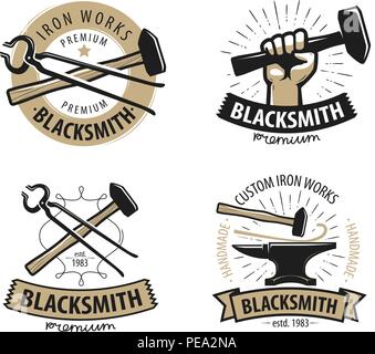 Forge, blacksmith logo or label. Blacksmithing set of emblems isolated ...
