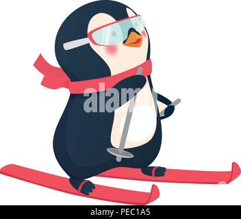 Penguin riding on skis on snow. Penguin cartoon vector illustration ...