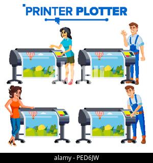 Worker With Plotter Vector. Man. Large Format Multifunction Printer ...