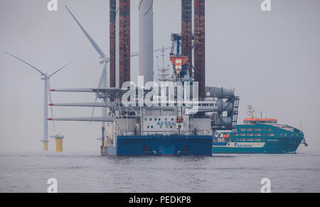 Jack-up construction vessel SEA JACK installing monopile foundations ...