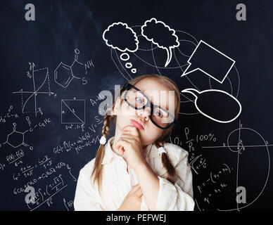 Small child mathematics student thinking on background with lightbulb ...