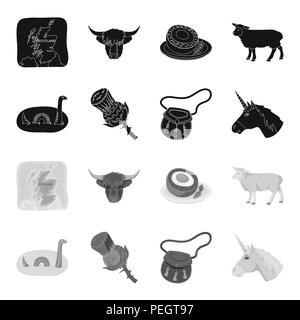 Loch Ness monster, thistle flower, unicorn, sporan. Scotland country ...