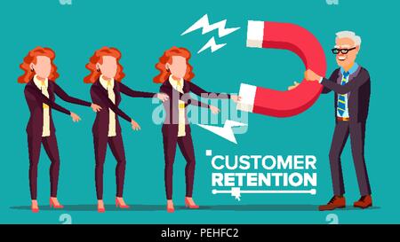 Customer Retention Vector. Businessman With Giant Magnet Attracts ...