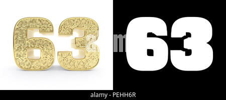 Golden number sixty-three (63 years) on white background with pattern ...