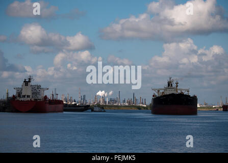 Oil tanker and refineries at Ship Channel in Pasadena, seen at sunrise ...