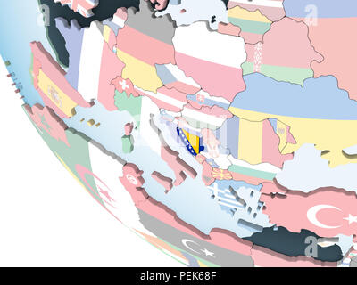 Bosnia and Herzegovina on bright political globe with embedded flag. 3D ...