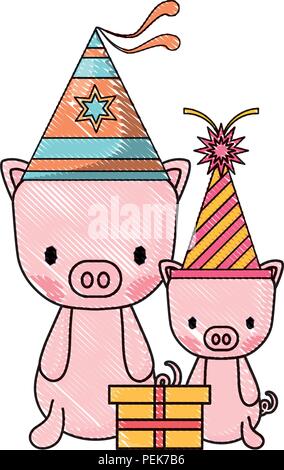 happy birthday design with cute pigs with party hats over white ...