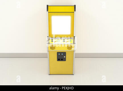 A vintage yellow unbranded arcade machine with a blank screen on a ...