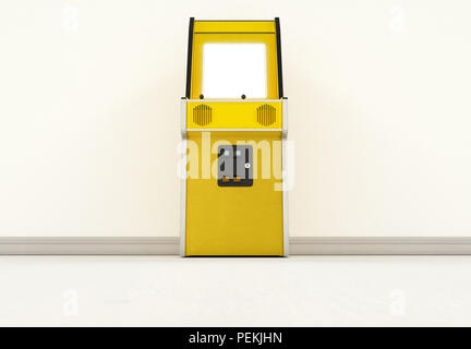 A vintage yellow unbranded arcade machine with a blank screen on a ...