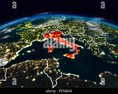 Italy from space at night with visible country borders. 3D illustration ...