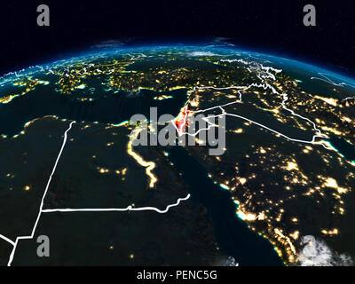 Israel from space at night with visible country borders. 3D ...