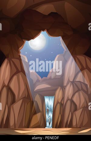 Illustration of a mountain, waterfall, and cave Stock Vector Image ...