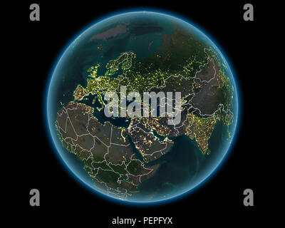 Georgia in red with visible country borders from space. 3D illustration ...