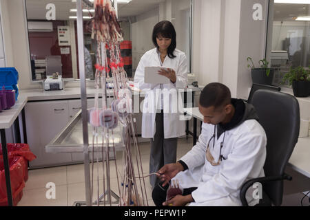 Female lab technician analyzing a blood sample in a test tube Stock ...