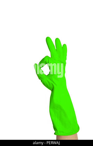 Ok sign of green rubber gloves. Preparing for cleaning. Hands clean ...
