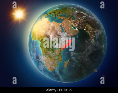 Sunset above Somalia highlighted in red on planet Earth with visible ...