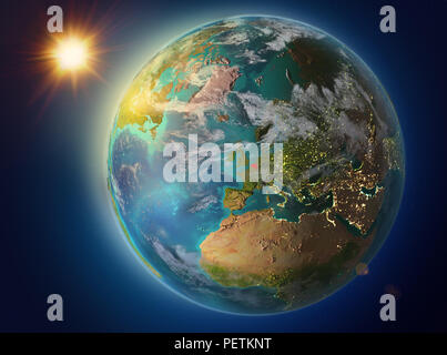 Sunset above Belgium highlighted in red on planet Earth with visible country borders. 3D ...