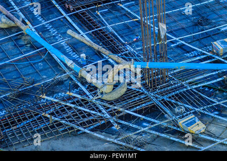 Cleaned floor slab reinforcement bar with post tension cable tendon on ...