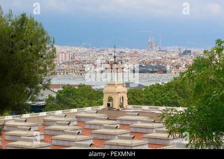 Spain: Barcelona with storm clouds rolling in. Seen from Poble Espanyol ...