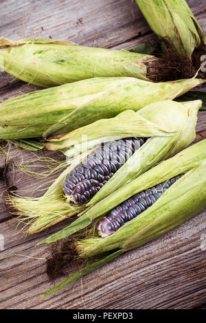 mini blue sweet corn with leaves Stock Photo - Alamy