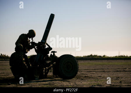 U.S. Marines fire an M327 120mm towed mortar system during a ...