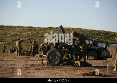 U.S. Marines fire an M327 120mm towed mortar system during a ...