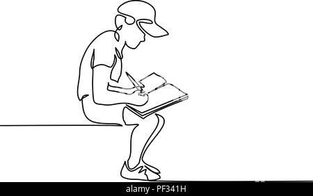 line art boy writing on paper with pencil illustration vector hand ...