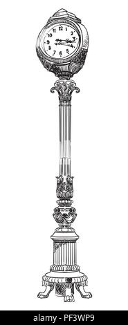 Ancient carving clock, vector hand drawing illustration in black color ...