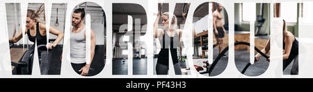 Collage about woman with battle ropes exercise in the fitness gym. The ...