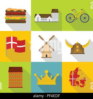 Traveling in Denmark flat icons in set collection for design. Denmark ...