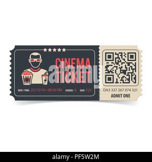 Cinema ticket with barcode vector icon. Movie ticket template ...