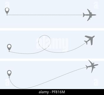 Itinerary dashed trace, line airplane flight, dotted path, aircraft ...