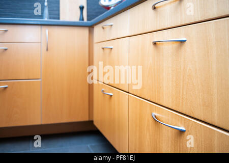 Modern brown wood oak kitchen cabinet equipment, stylish granite black ...