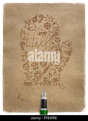 Merry Christmas lettering with ornate bauble on fir branch over green ...