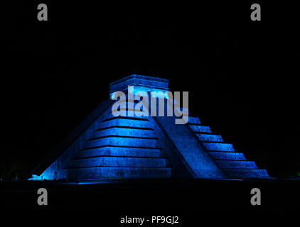 Pyramid of Chichen Itza at night with blue light in Mexico Stock Photo ...