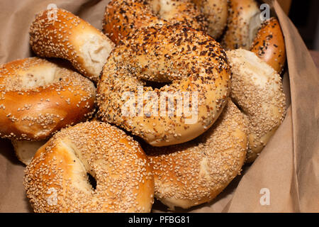Variety of assorted authentic New York style Bagels with seeds in a ...