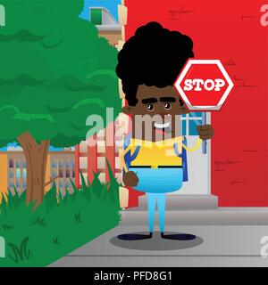 Schoolboy holding a stop sign. Vector cartoon character illustration ...