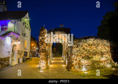 FLOODLIT BALKERNE GATE IN COLCHESTER, ESSEX, UK. SHOWING THE HOLE IN ...