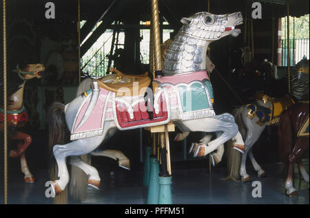 Close-up of a painted carousel horse on a vintage merry-go-round ...