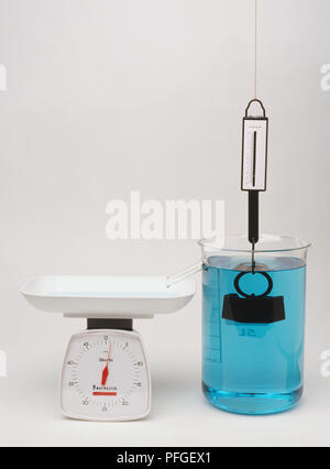 Newton meter pulled by weight immersed in water with scales showing ...