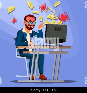 Internet fraud. Angry man .Vector simple stressed using computer ...