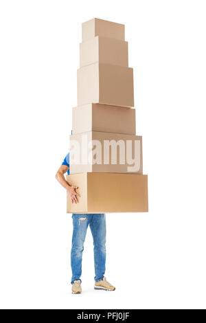 Delivery man hiding behind large stack of cardboard boxes isolated on ...