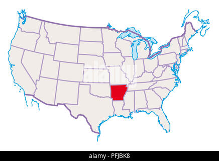 Arkansas red highlighted in map of the United States of America Stock ...